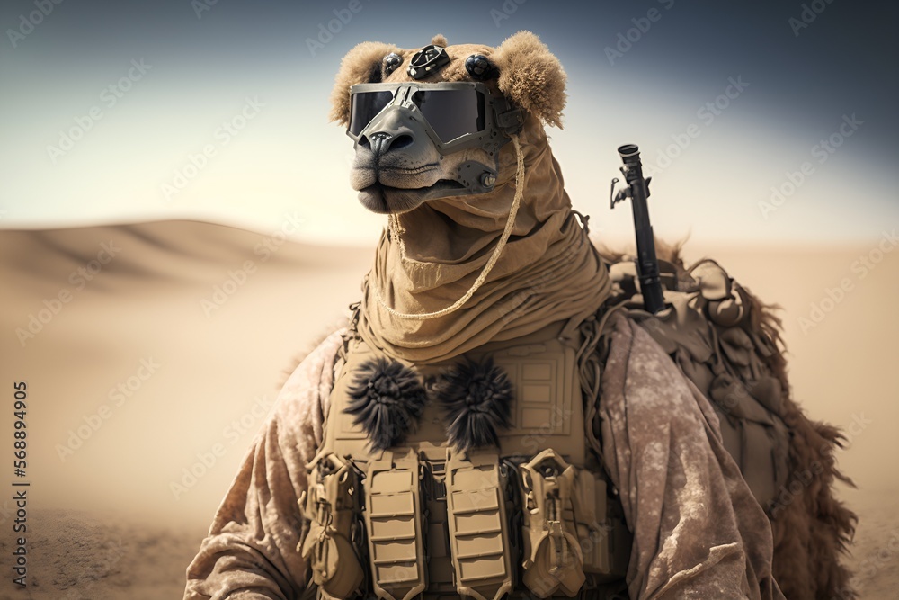 Portrait of a camel dressed in a tactical uniform, generative ai Stock ...