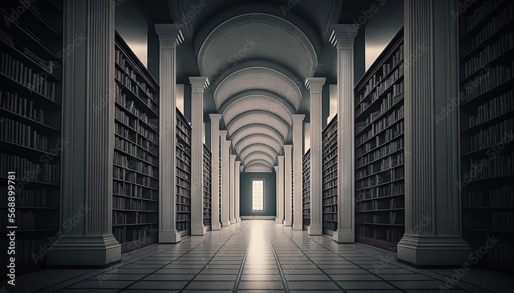 an empty library with columns and a door leading to a light at the end ...