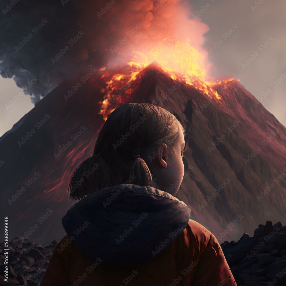 Little Girl watching a volcano erupt, AI Generated Stock Illustration ...