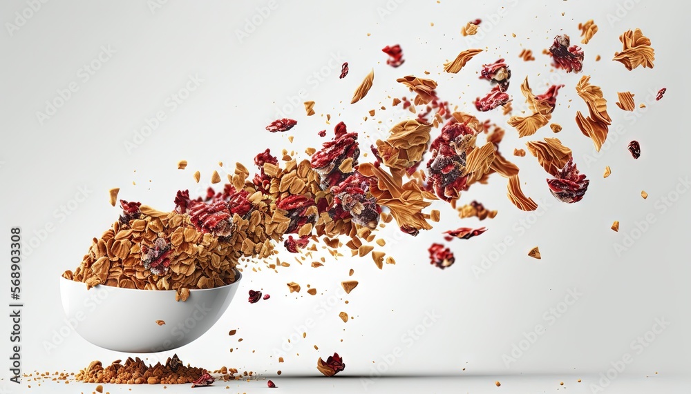 a white bowl filled with granola falling out of it's side into the air ...