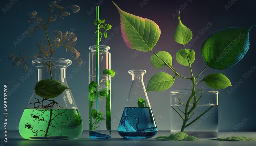 a group of vases filled with plants and plants inside of glass beakers ...