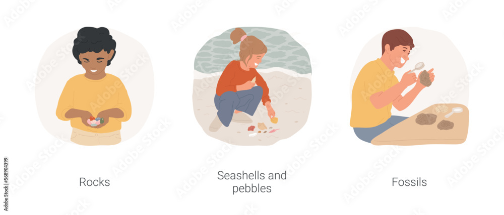 Collecting nature items isolated cartoon vector illustration set. Boy ...