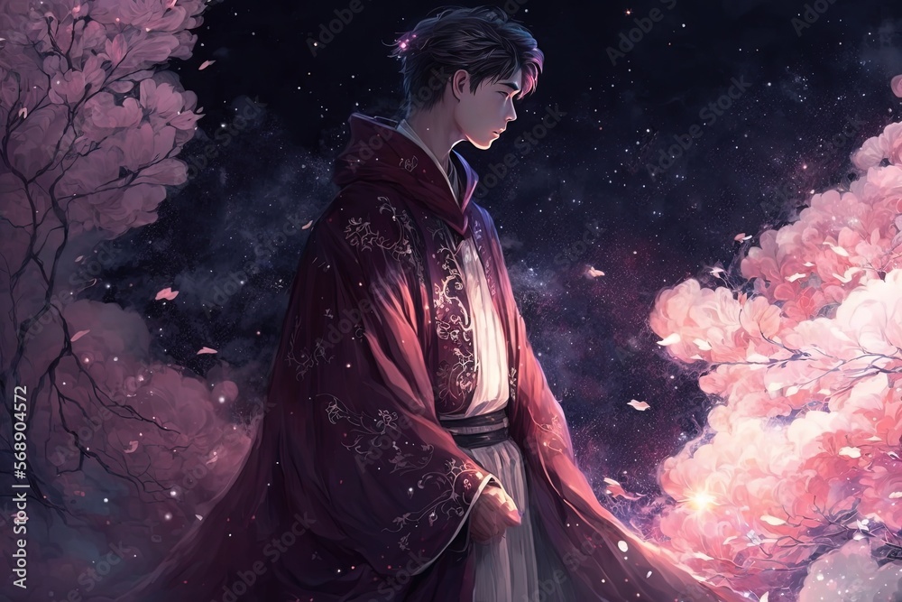 illustration of handsome Asian mage wearing Chinese traditional cloth ...