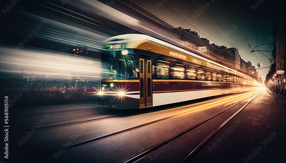 a train traveling down a street next to a tall building at night with ...