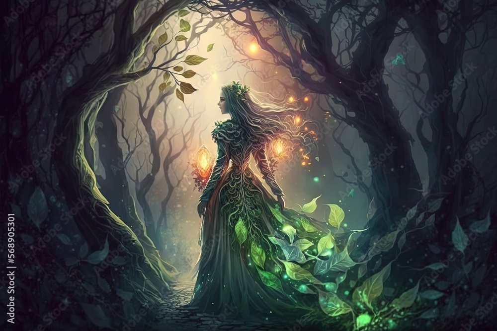 Ancient Celtic powerful fairy in magic wood with magic energy emerge as ...