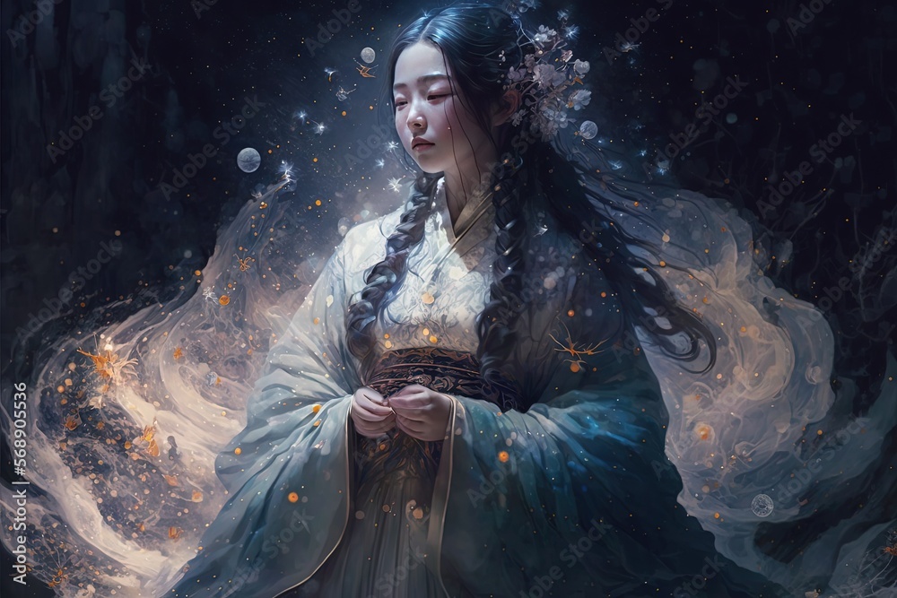 artistic illustration of Chinese Goddess girl wearing traditional ...
