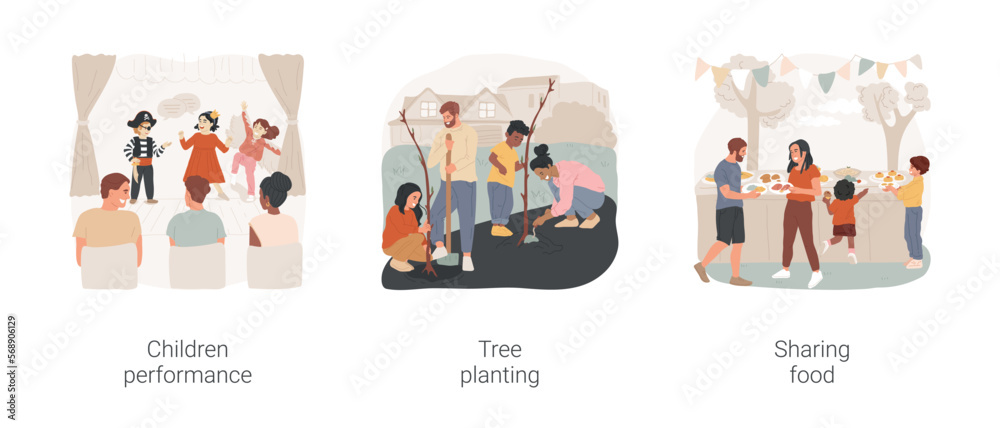 Neighborhood activities isolated cartoon vector illustration set ...