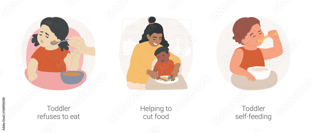 Feeding a toddler isolated cartoon vector illustration set. Toddler ...