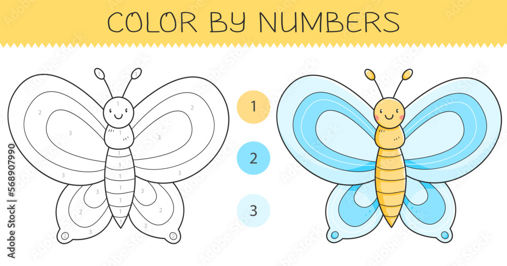Vecteur Stock Color by numbers coloring book for kids with a butterfly ...