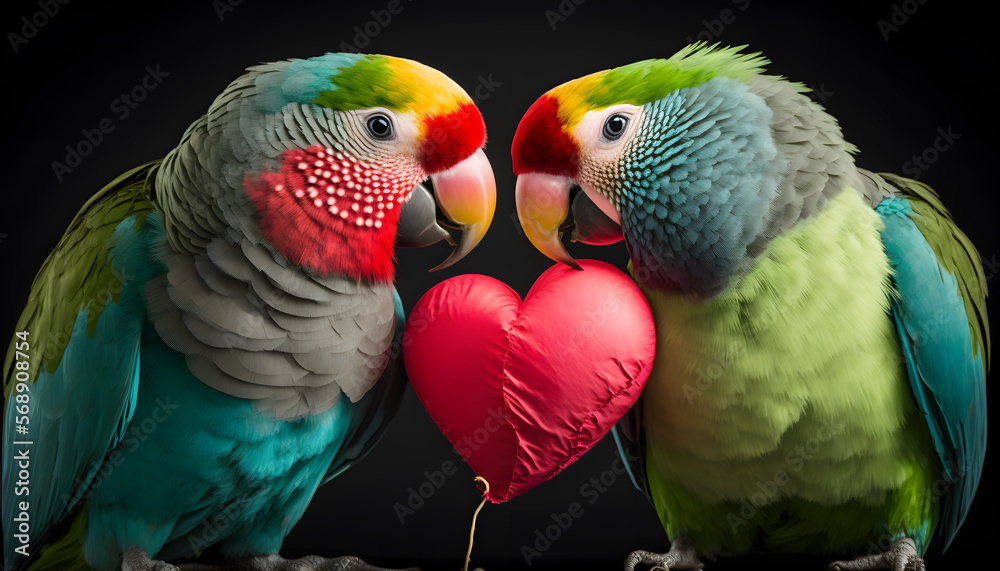 couple of parrots in love kissing, with a heart-shaped balloon on ...