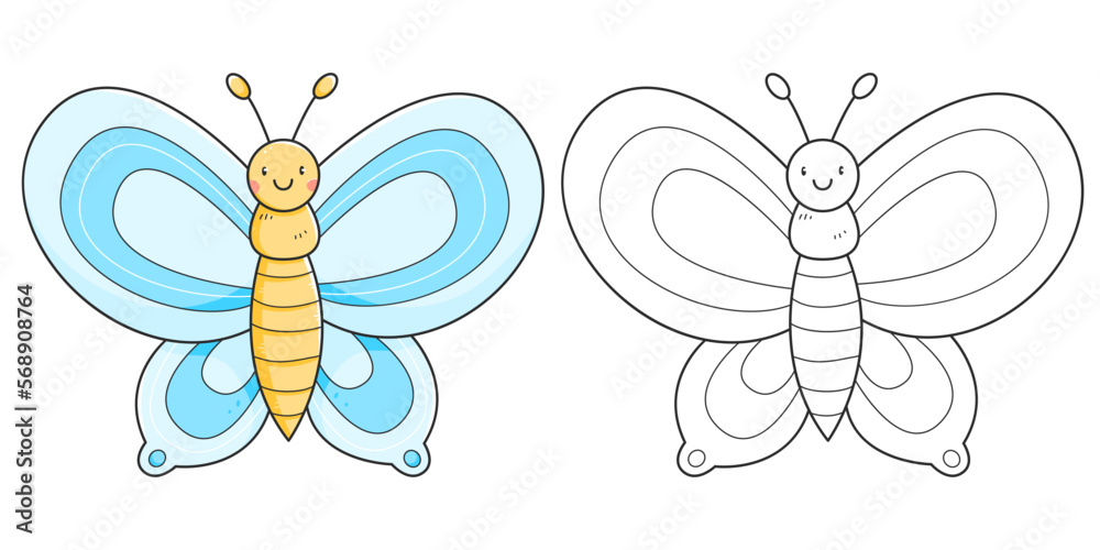 Blue butterfly coloring book with coloring example for kids. Coloring ...