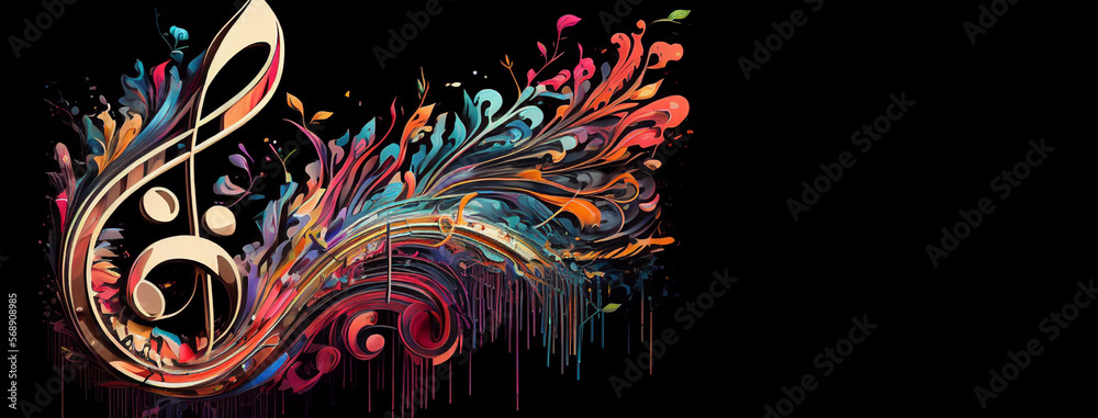 Music stave and treble clef colorful splash illustration on black ...
