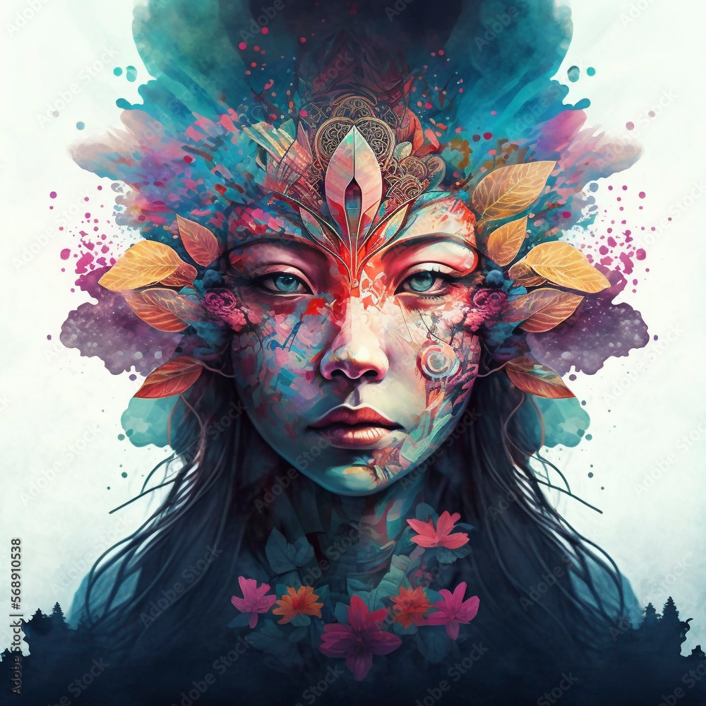 Mysterious Womans Face With A Japanese Hindu Folklore Element 4 Generative Ai Stock