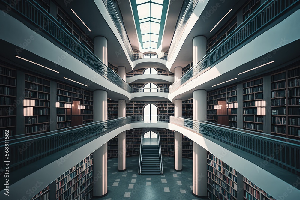 No people inside a multi story library, glass ceiling on top, books on ...