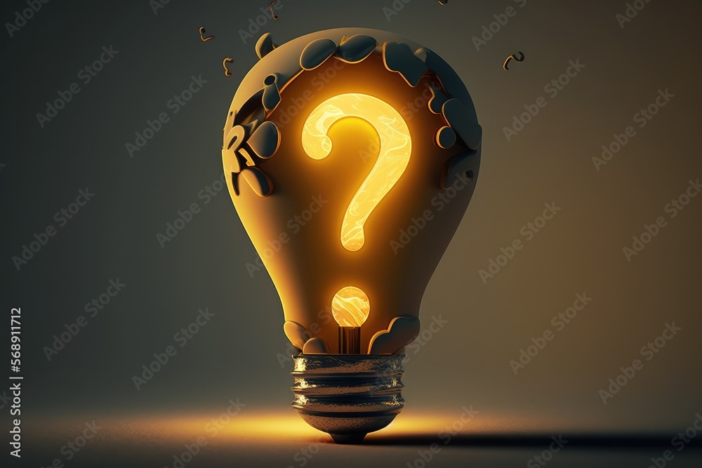 3D lightbulb on dark background with a light up question mark inside ...