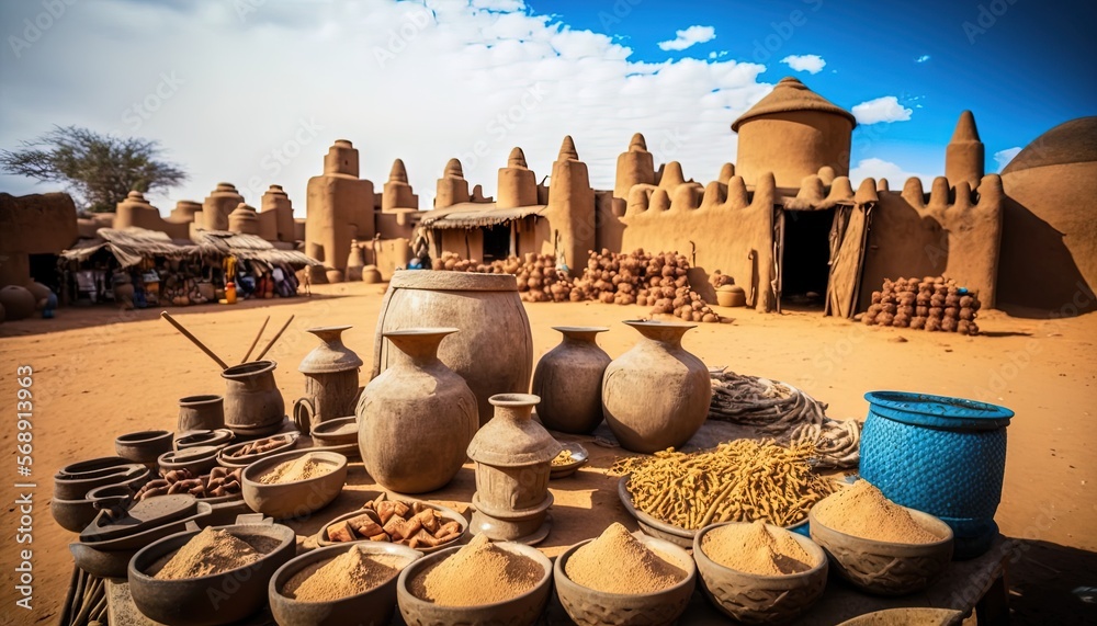 a table topped with pots and bowls filled with food next to a wall of ...