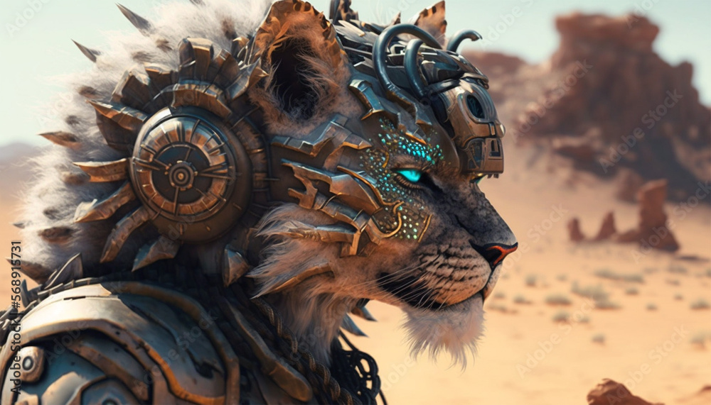 Lion head cyborg with cyberpunk style at desert with a scary face ...