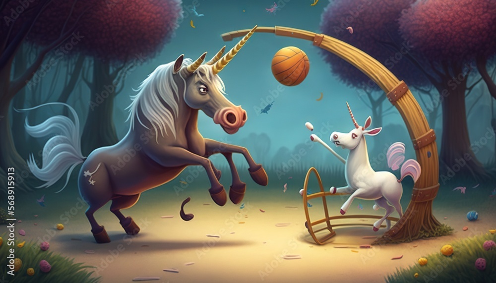 a unicorn and a horse playing basketball in a forest with a basketball ...