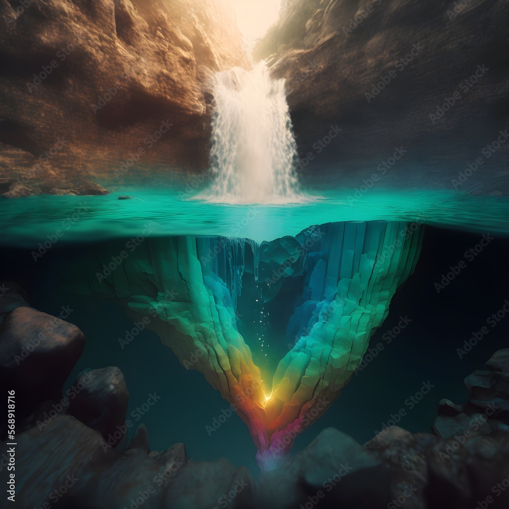 environment low angle of waterfall with rainbow through running water ...