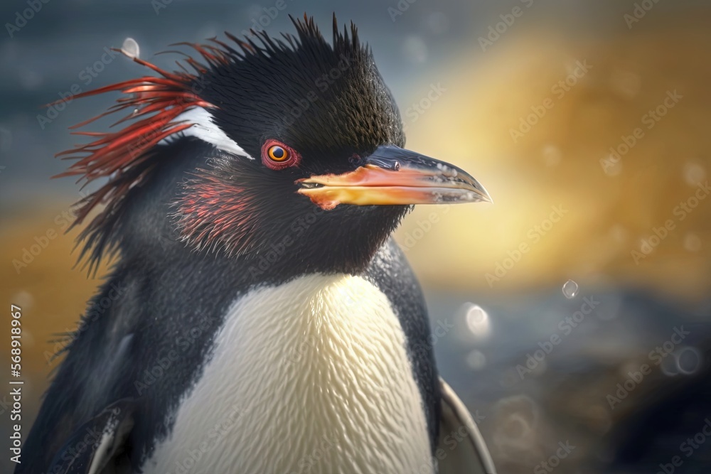 a close up of a penguin with a red head and a black and white body with ...