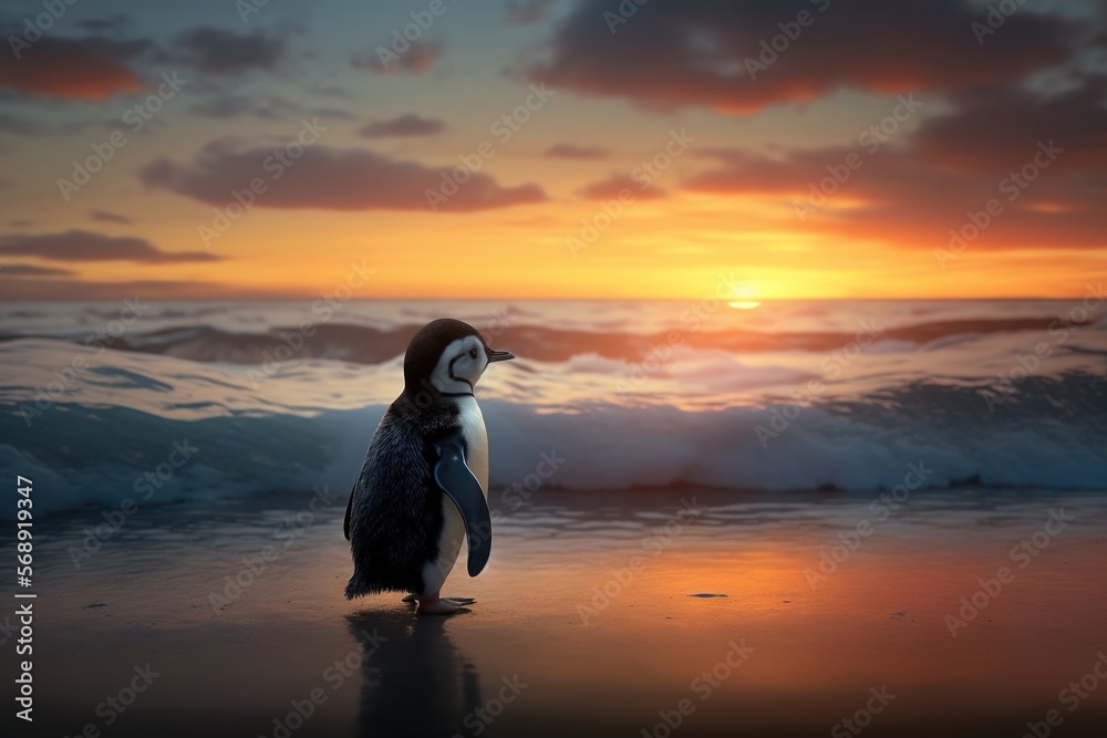 a penguin standing on a beach at sunset with the sun setting in the ...