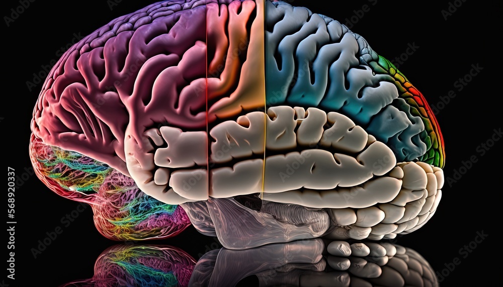 a picture of a human brain on a black background with a reflection of ...