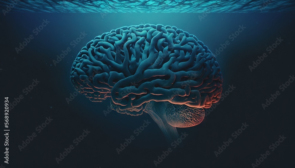 a computer generated image of a brain in the water with a light shining ...