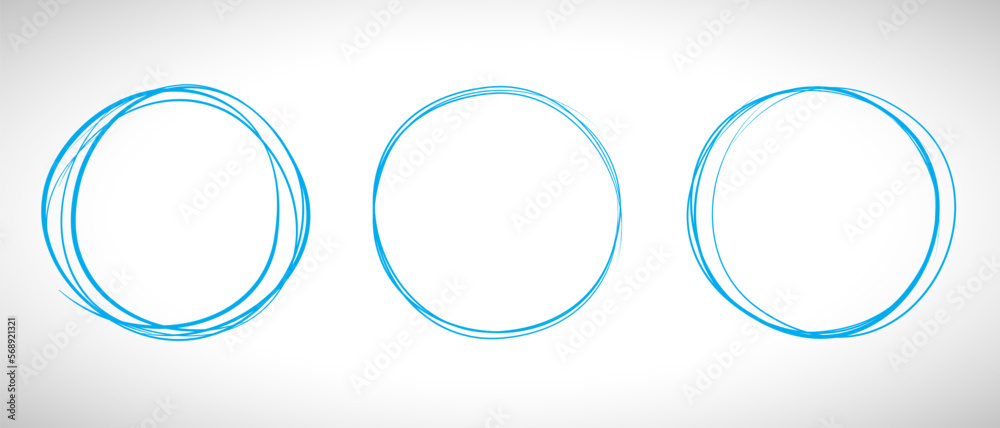 Blue circle line hand drawn set. Highlight hand drawing circle isolated ...