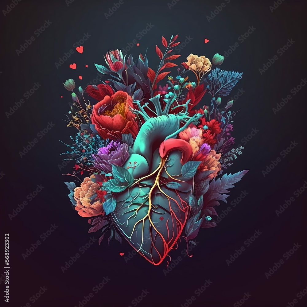 Human heart with flowers, love and emotion concept, good hearted person ...