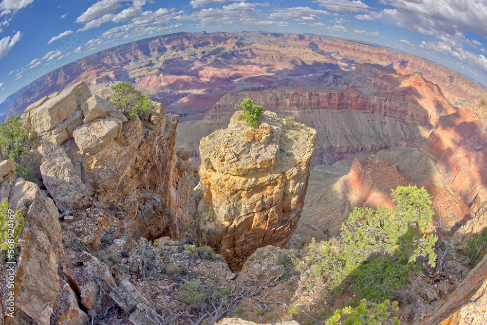 Fisheye view of a rock pillar at Pinal Point Grand Canyon Arizona. The ...