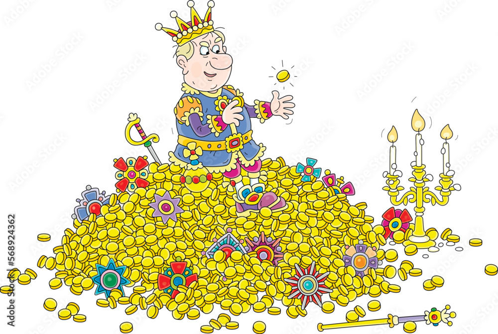 Angry king sitting on a large pile of gold coins and jewels from royal ...
