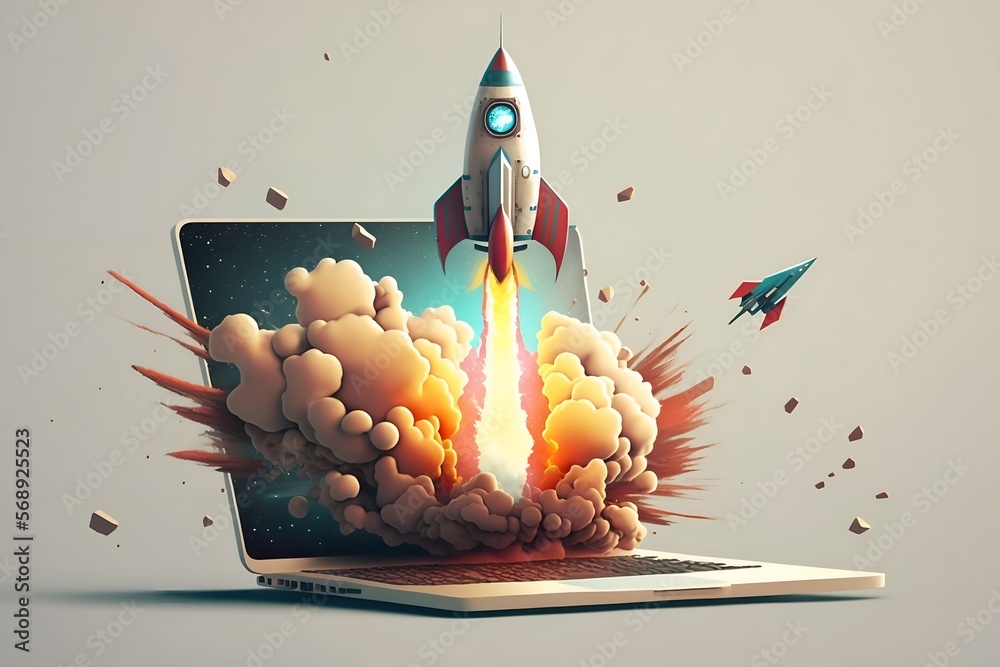 Rocketship taking off from a laptop - created with generative AI Stock ...