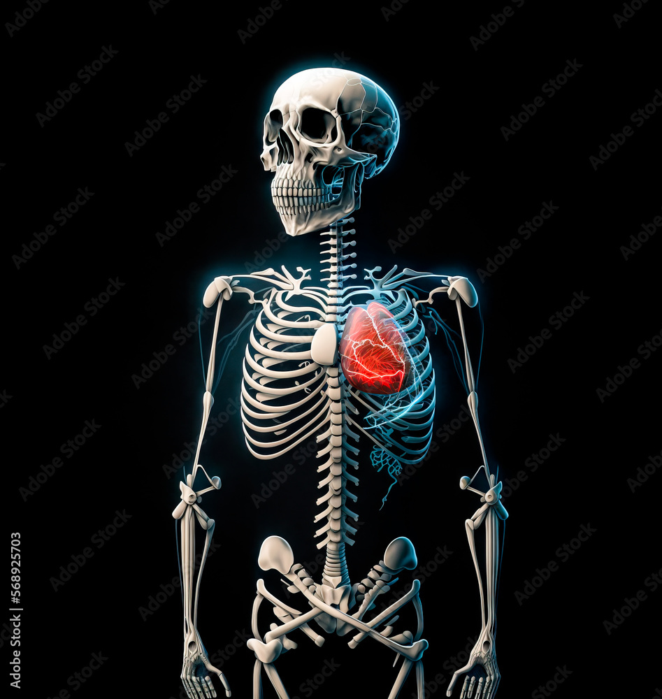 Human skeleton x-ray showing a red beating heart inside the chest ...