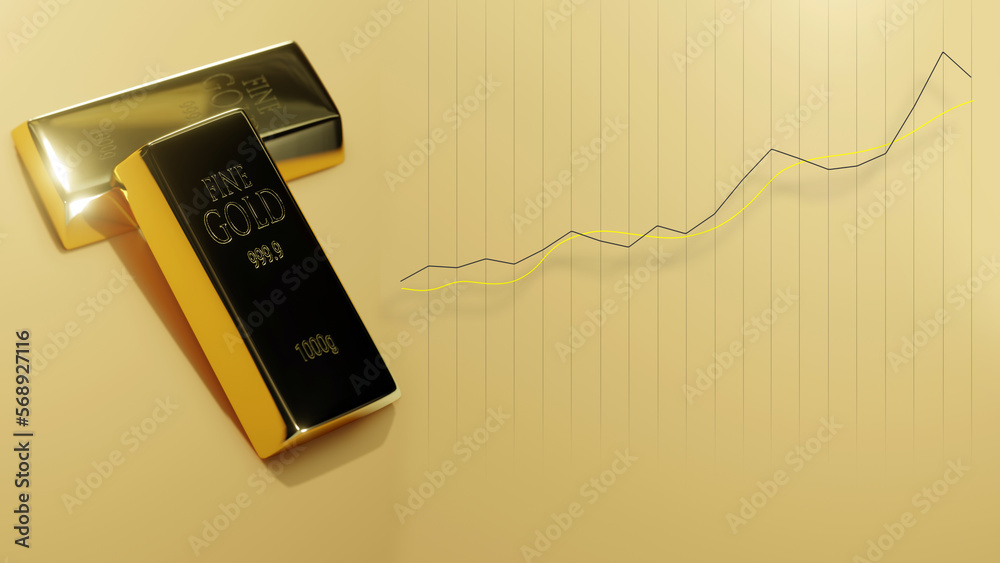 Gold bullion bars on a gold background with technical charts showing ...