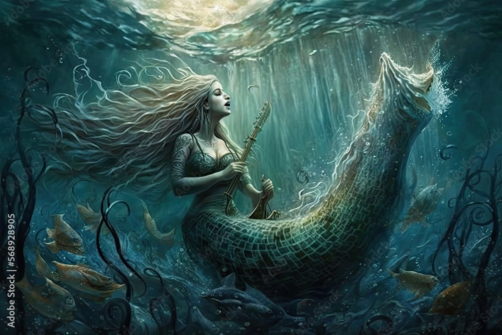 A mermaid with a tail of shimmering scales, singing a haunting melody ...
