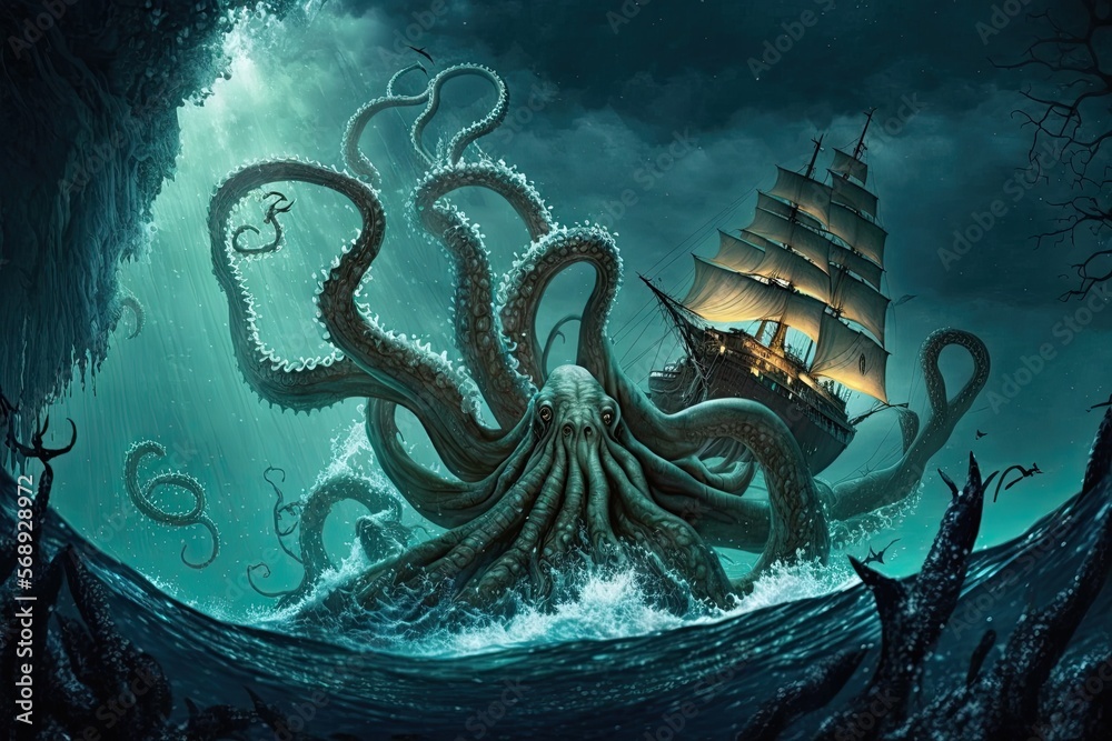 A Kraken with tentacles as thick as tree trunks, pulling ships beneath the waves. Digital art ...