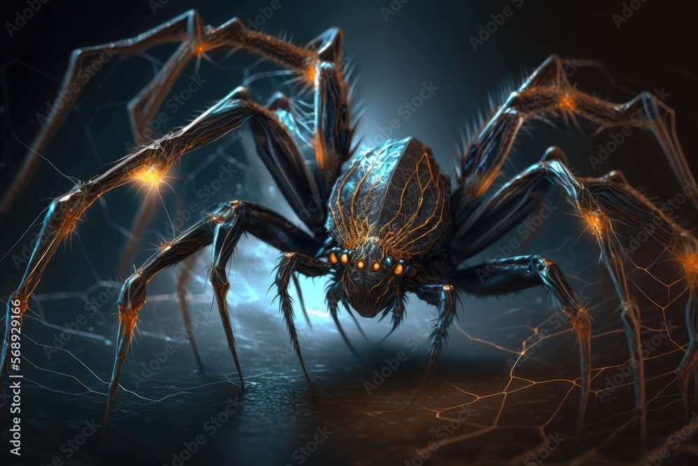 A giant spider with venomous fangs, spinning a web of silky strands ...