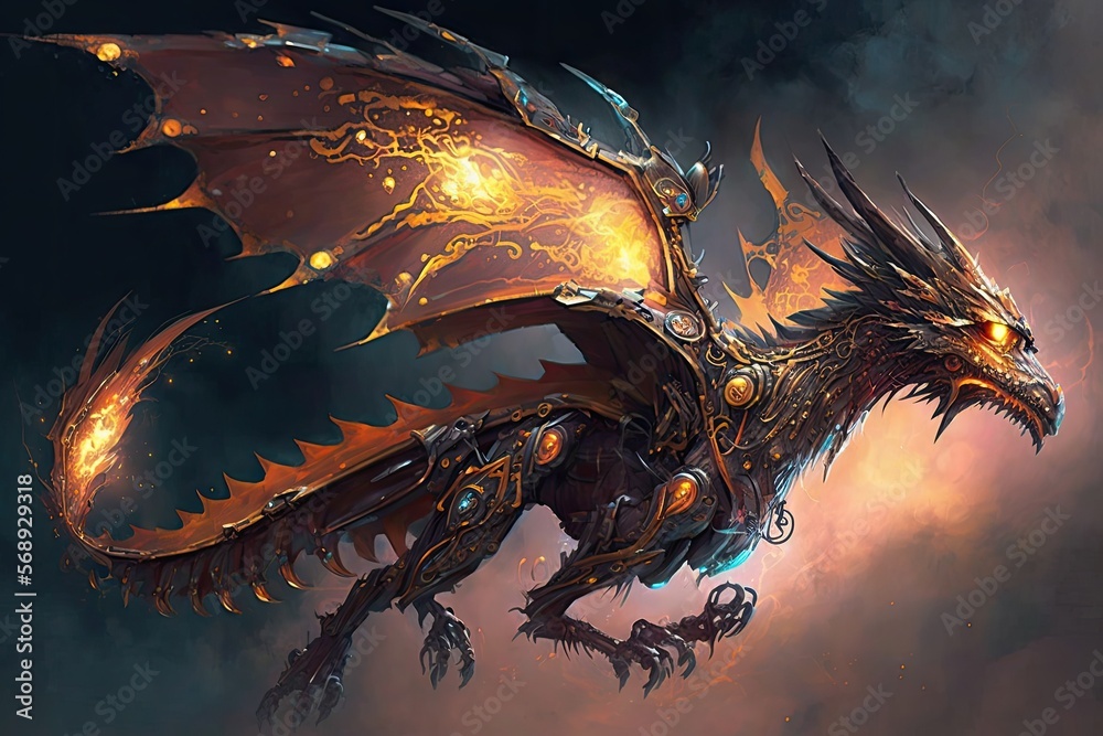 A cyborg dragon with metallic wings, fiery breath, and razor-sharp ...