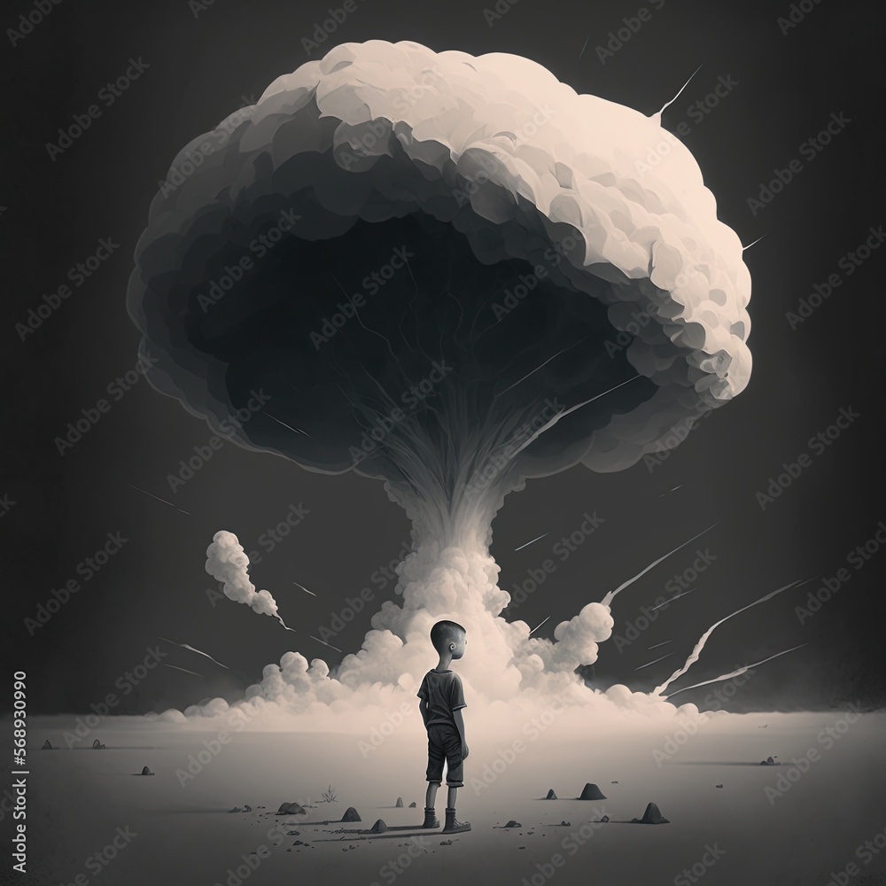 Child standing against giant mushroom cloud of atomic explosion. Nuclear war concept. Generative ...