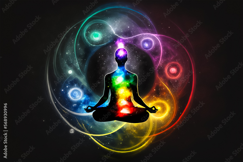 human meditating to activate all seven chakras isolated universe ...