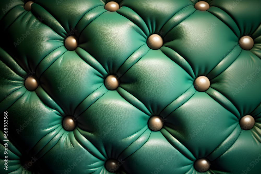 Green leather quilted cushion background, couch texture closeup studded ...
