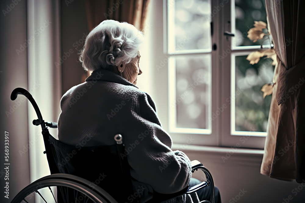 Lonely paralysis senior and sad elderly person in wheelchair in home ...