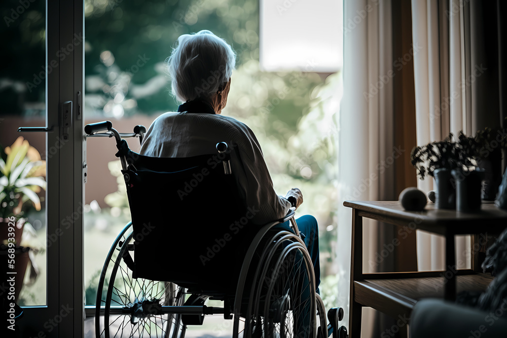 Lonely and sad elderly person in wheelchair in home nursing looking out ...