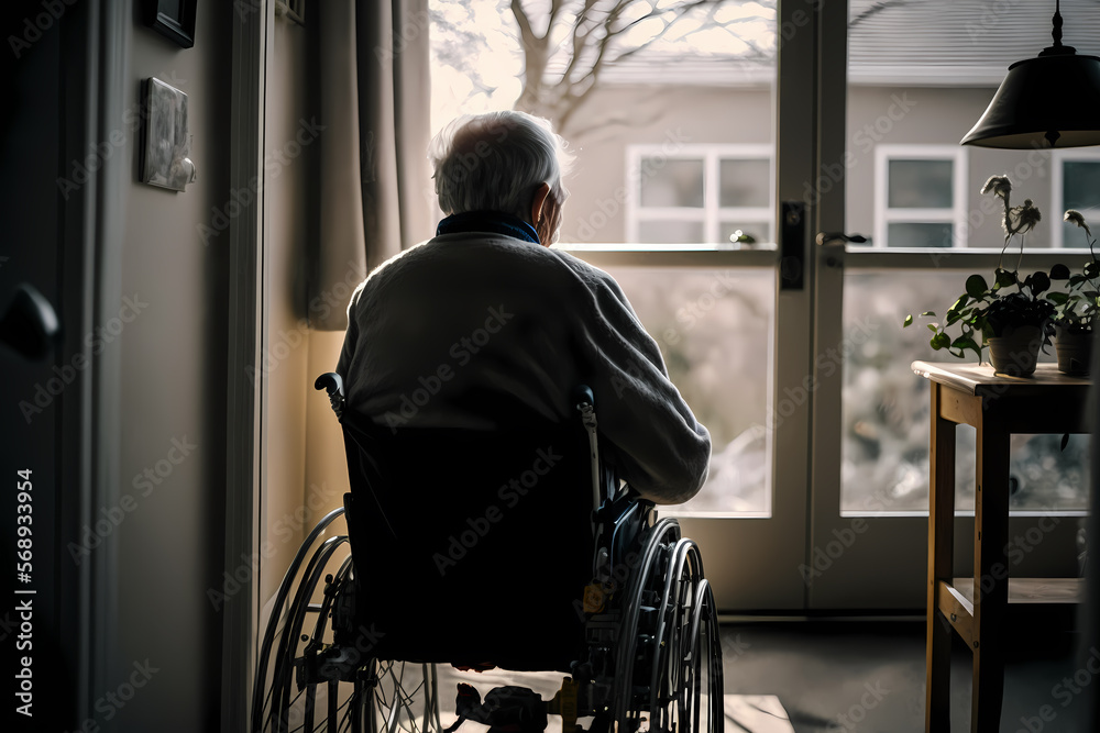 Lonely paralysis senior and sad elderly person in wheelchair in home ...