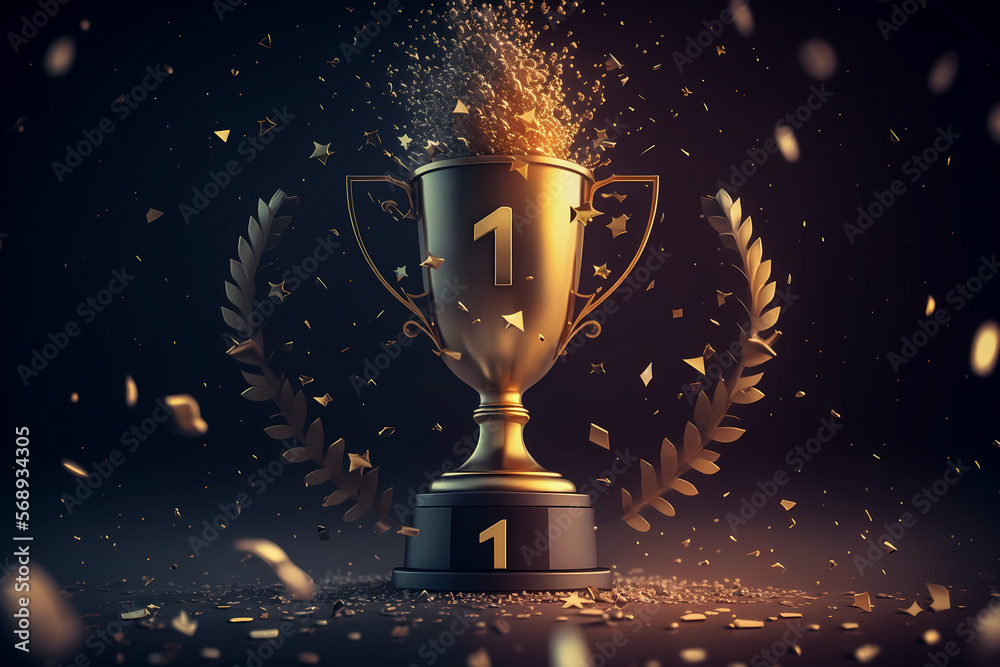 First place Champion golden trophy with splash of stars on dark ...