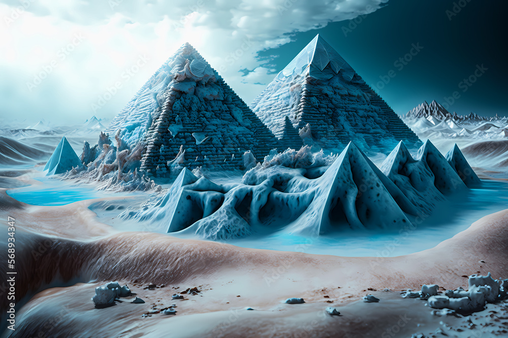 Frozen Egypt ancient pyramids in snow. Concept Global cooling, Winter ...