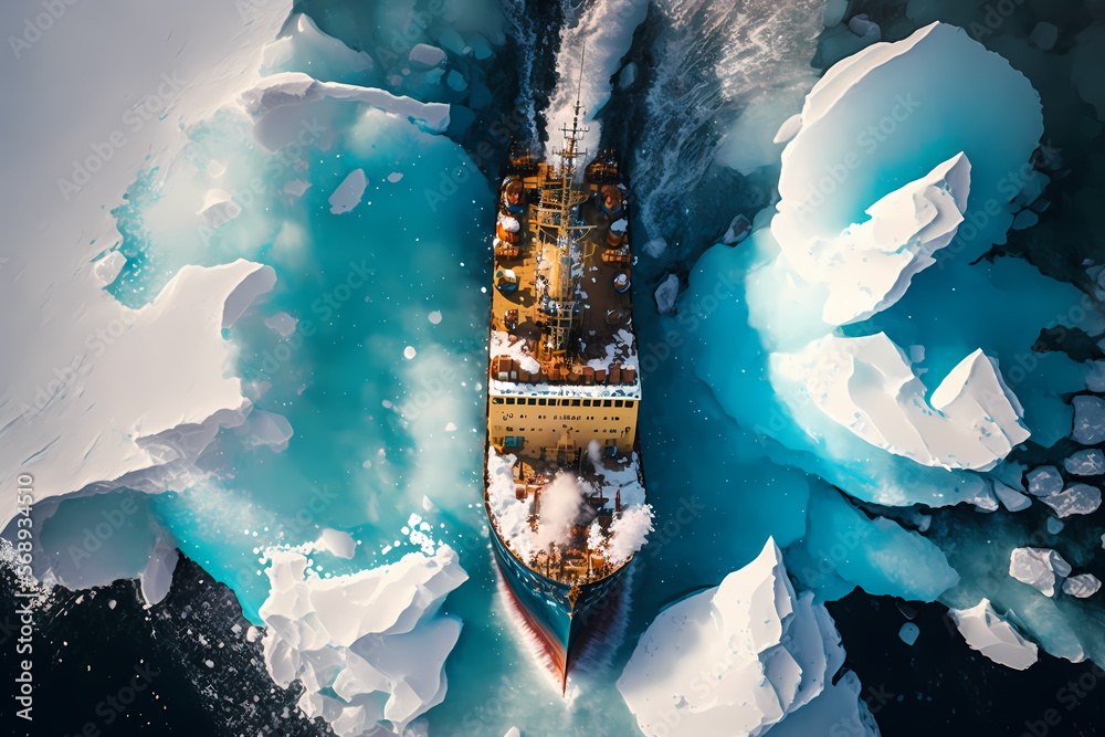 Icebreaking vessel ship in northern Arctic ocean, sunny day of winter ...