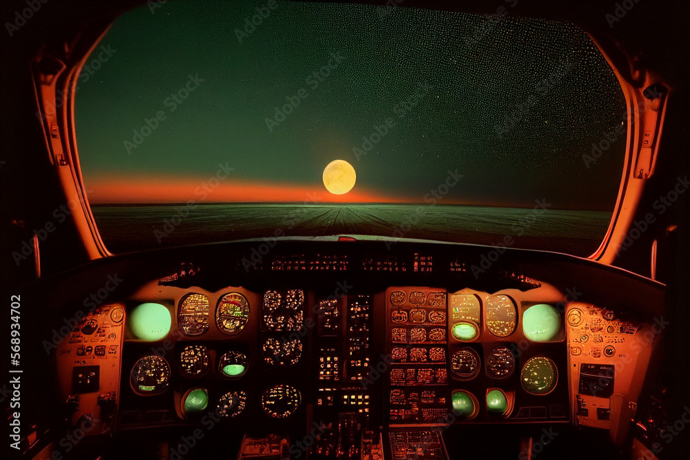 generative ai, View from the cockpit of a passenger plane with the moon ...
