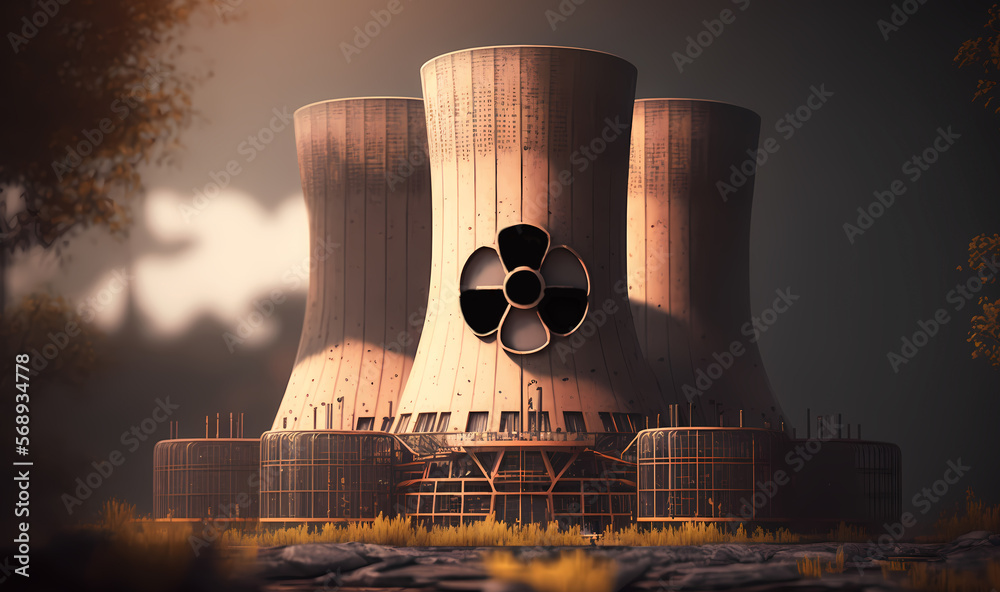 Nuclear atomic power station Cooling tower pipes sunlight, cyberpunk ...