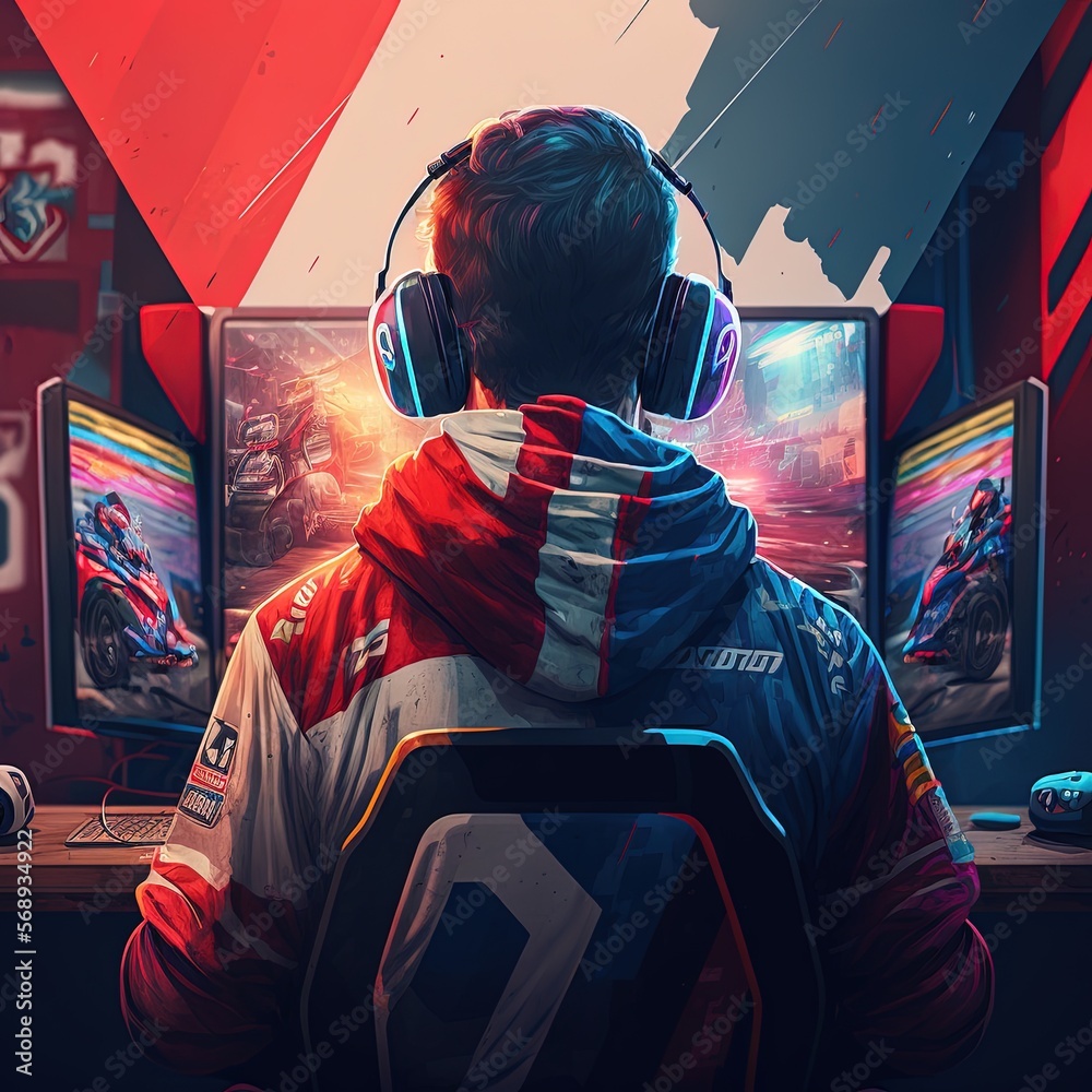 Cyber sportsman in headphones playing video game on his powerful gaming ...